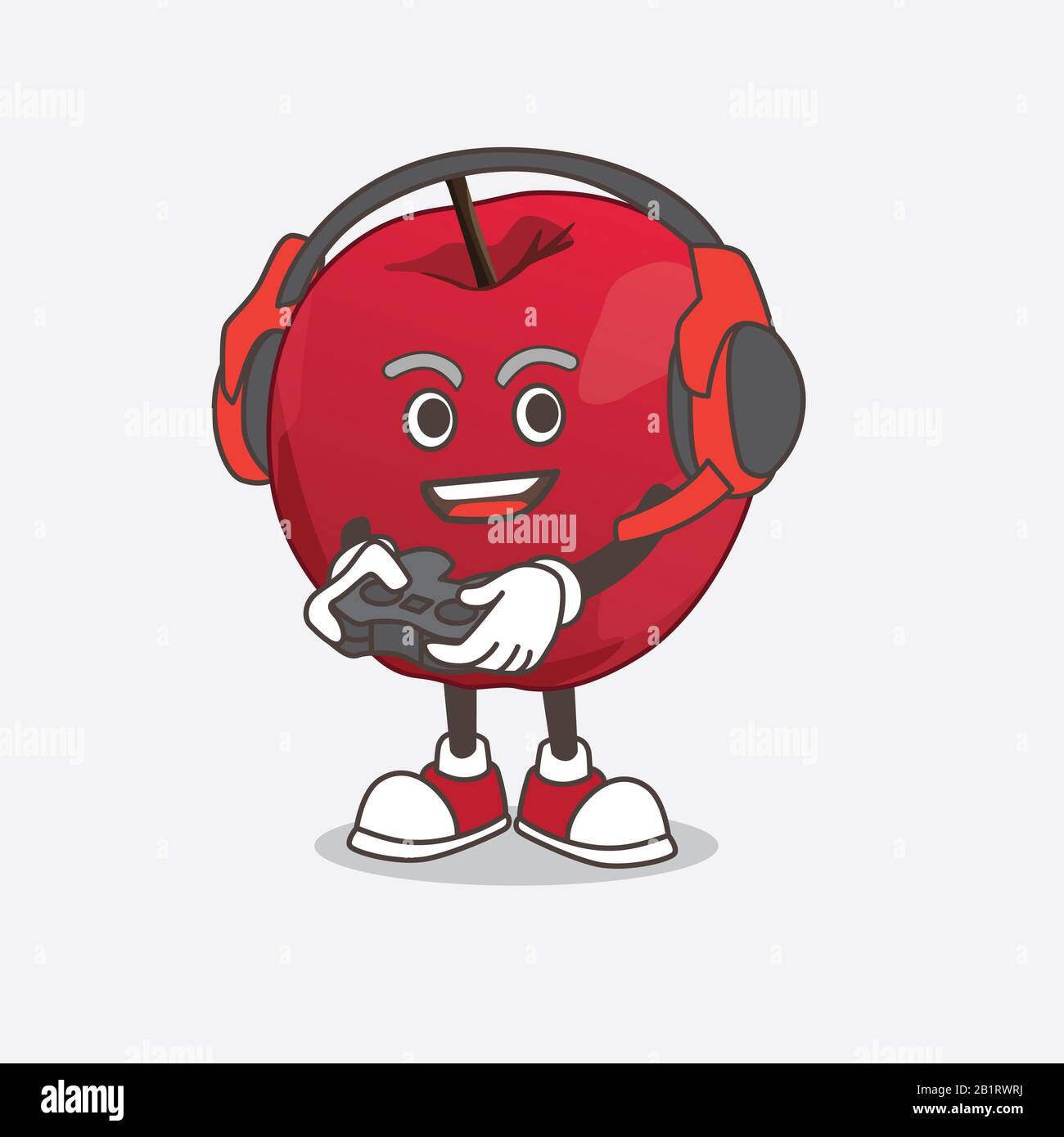 Apple cartoon mascot character play a game with headphone and ...