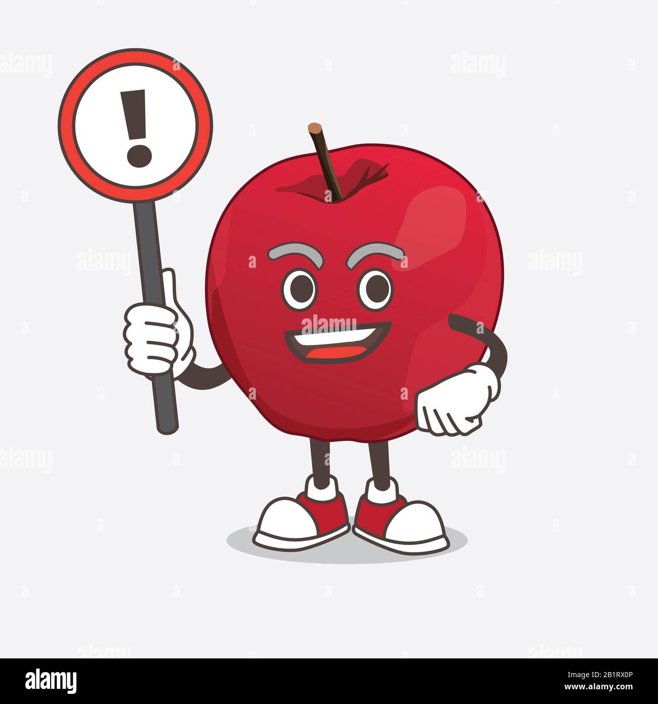 Apple cartoon mascot character rise up a warning sign Stock Photo - Alamy