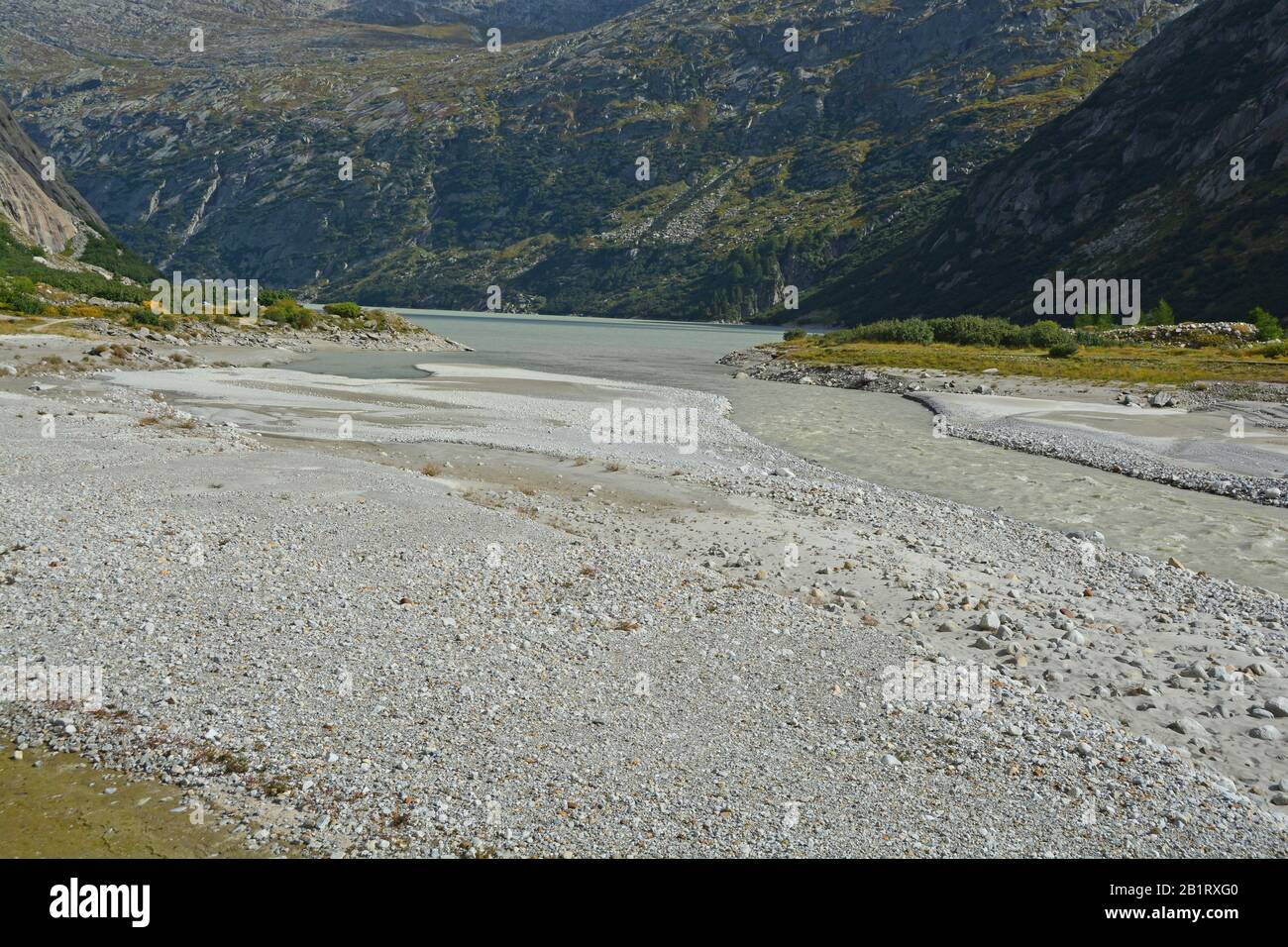 The River Aar flowing into the Grimsel Lake below the Grimsel Pass in ...