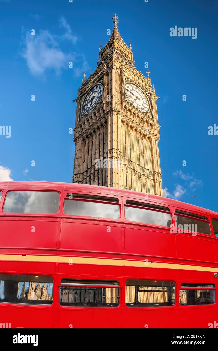 Big Ben with red bus in London, England, UK Stock Photo - Alamy