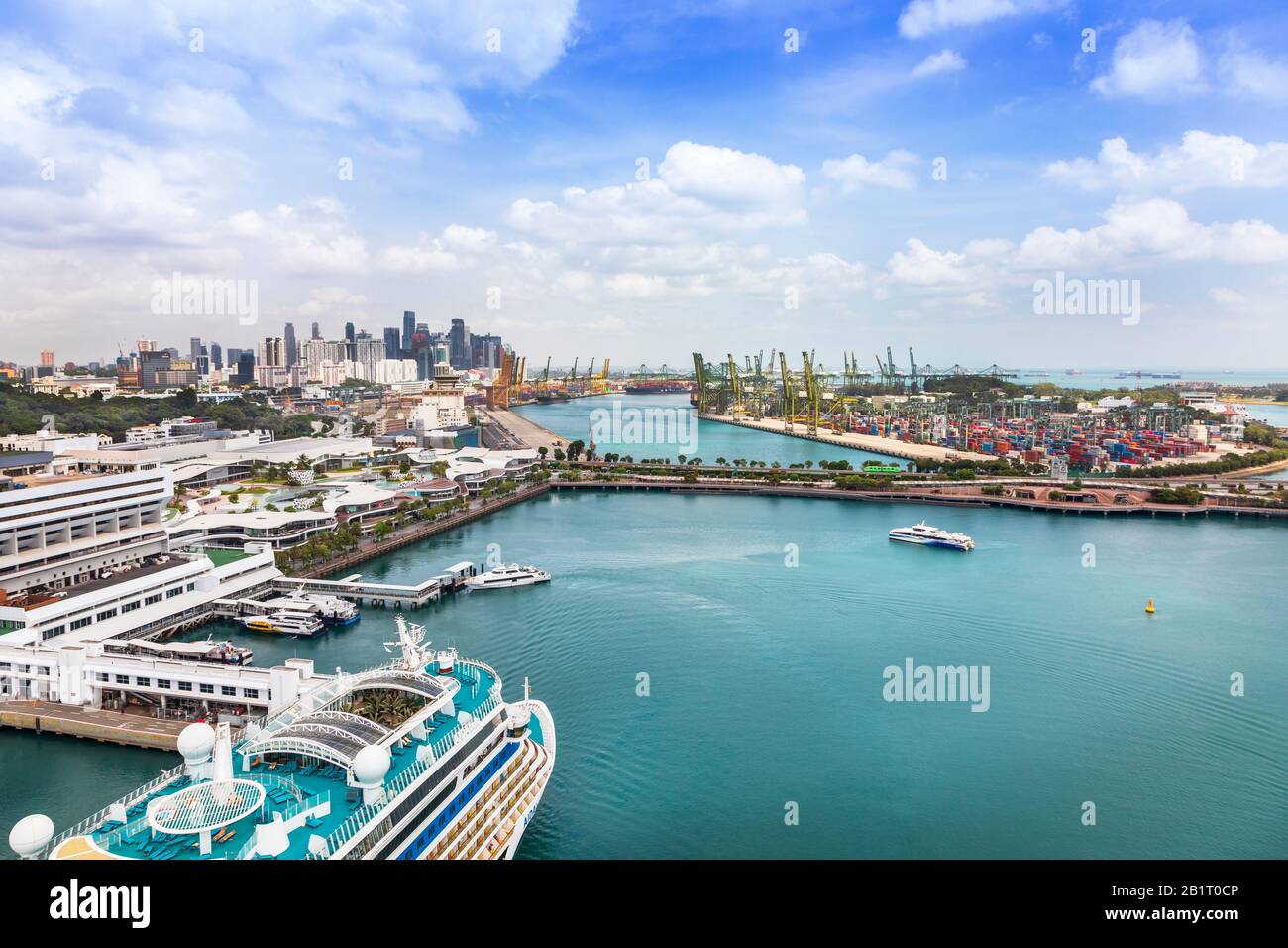High view of Singapore Cruise Centre and Sentosa Boardwalk joining ...