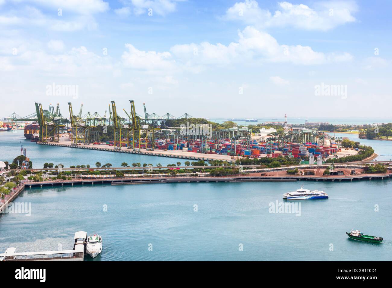 High view of Singapore Cruise Centre, ports and docklands, and Sentosa ...