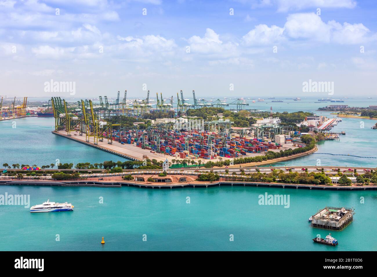 High view of Singapore Cruise Centre, ports and docklands, and Sentosa ...