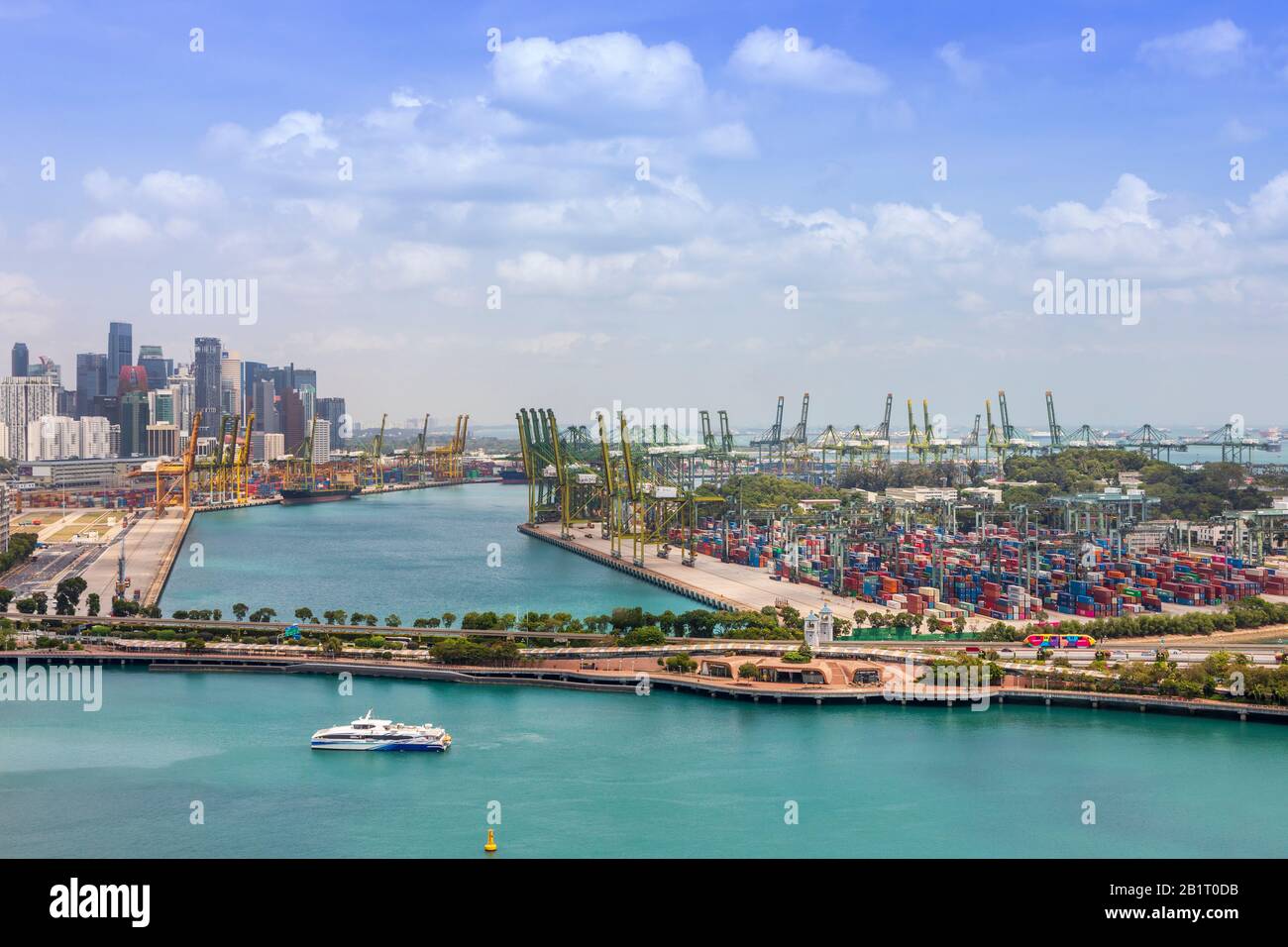 High view of Singapore Cruise Centre, ports and docklands, and Sentosa ...