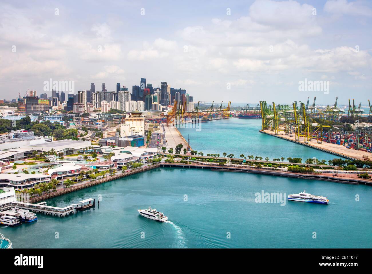 High view of Singapore Cruise Centre, ports and docklands, and Sentosa ...