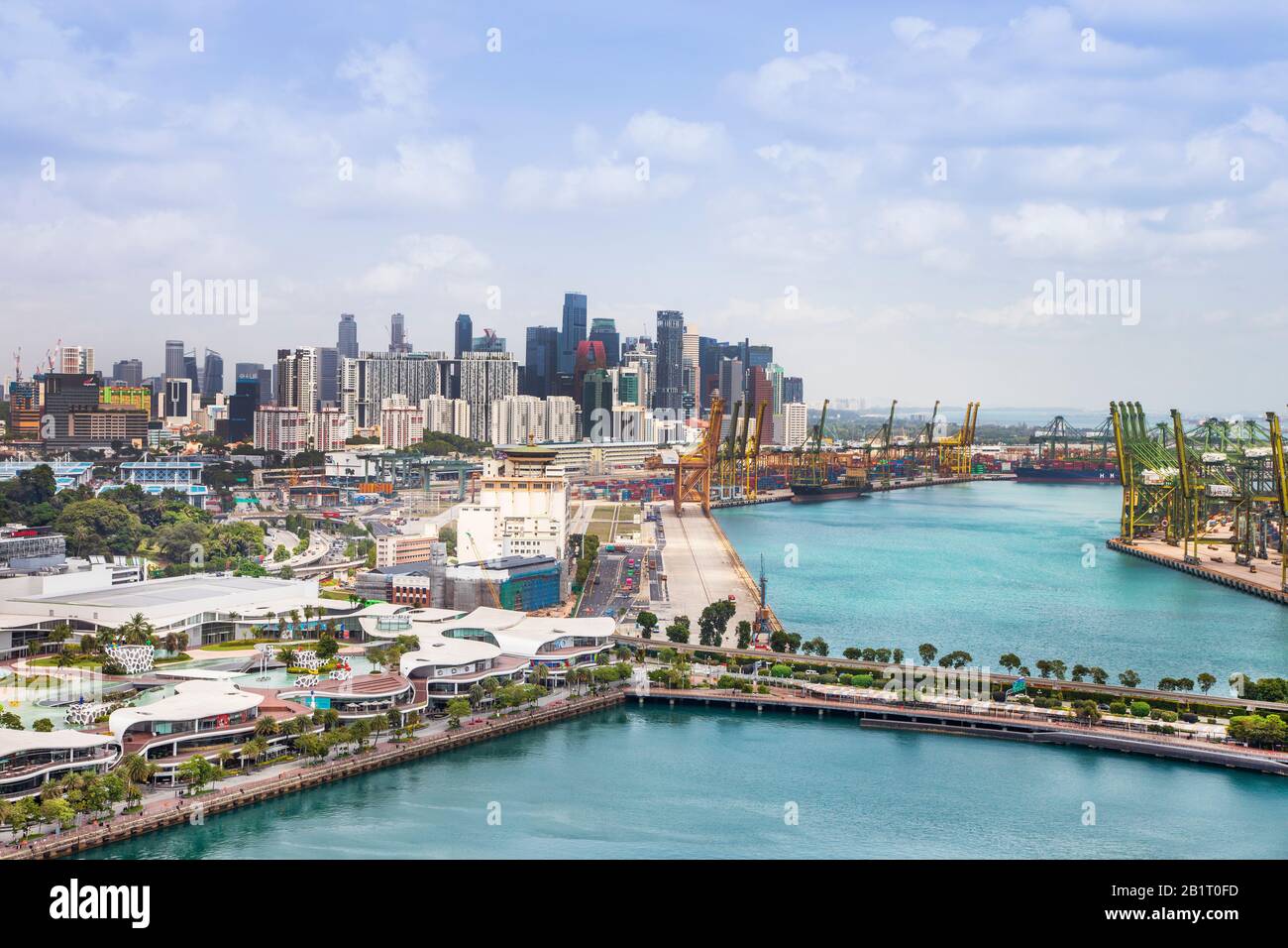 High view of Singapore Cruise Centre, ports and docklands, and Sentosa ...