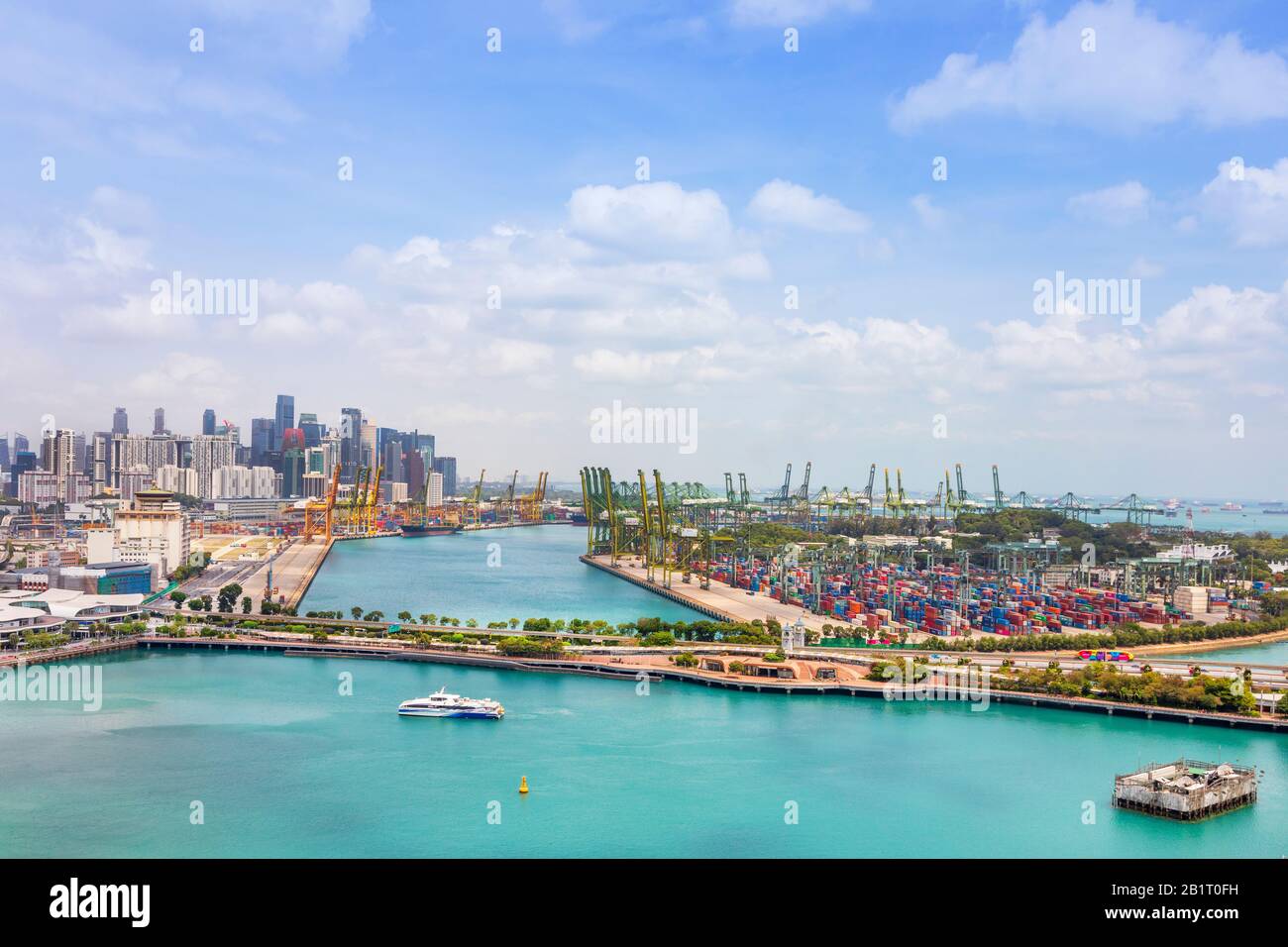 High view of Singapore Cruise Centre, ports and docklands, and Sentosa ...