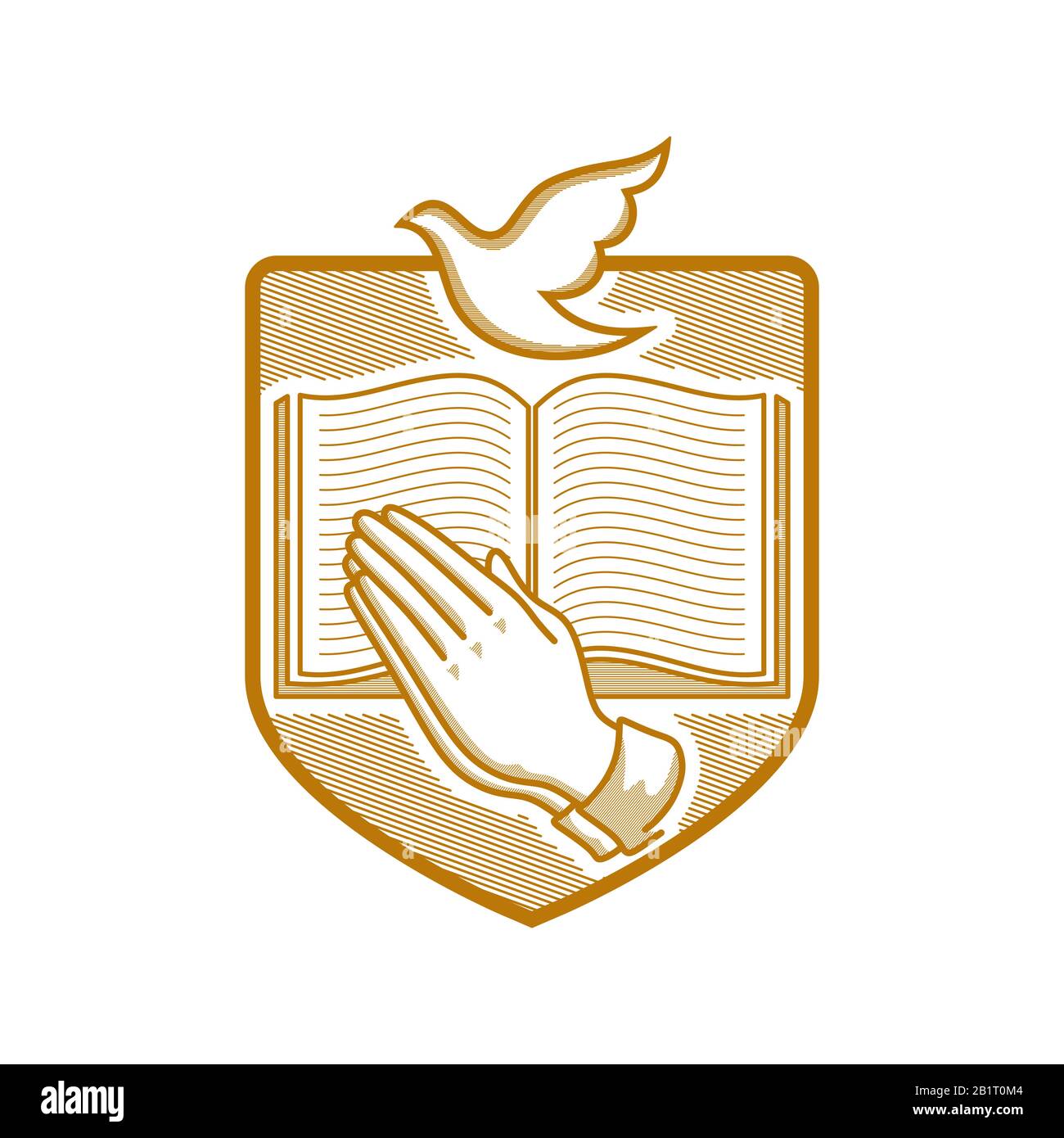 Church logo. Christian symbols. Praying hands on open bible background ...