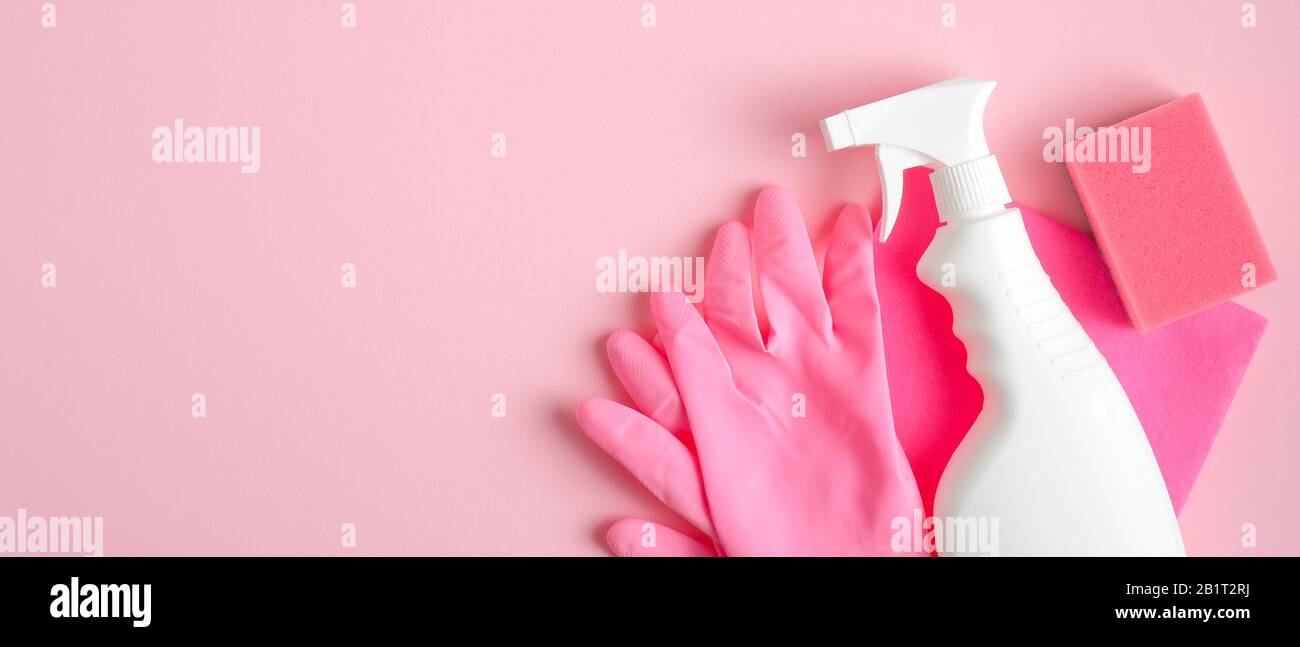 Cleaning supplies on pink background. Cleaning service banner design ...