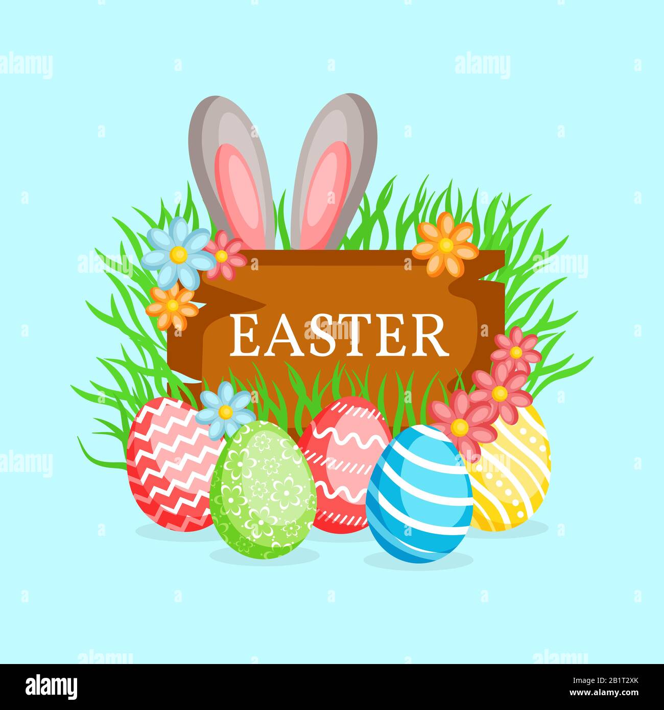 Happy Easter Greeting Card With сolorful Eggs Rabbit Ears And Flowers