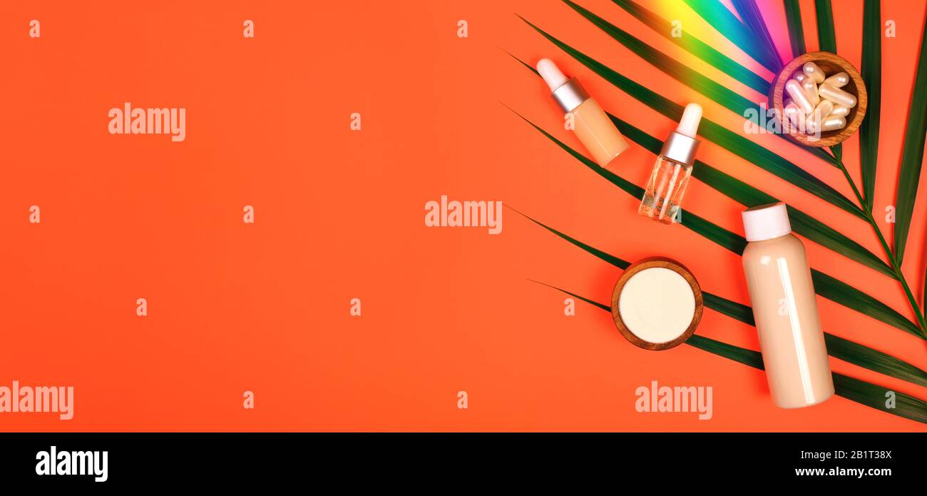 Banner with different types of collagen and rainbow. Powder, capsules ...