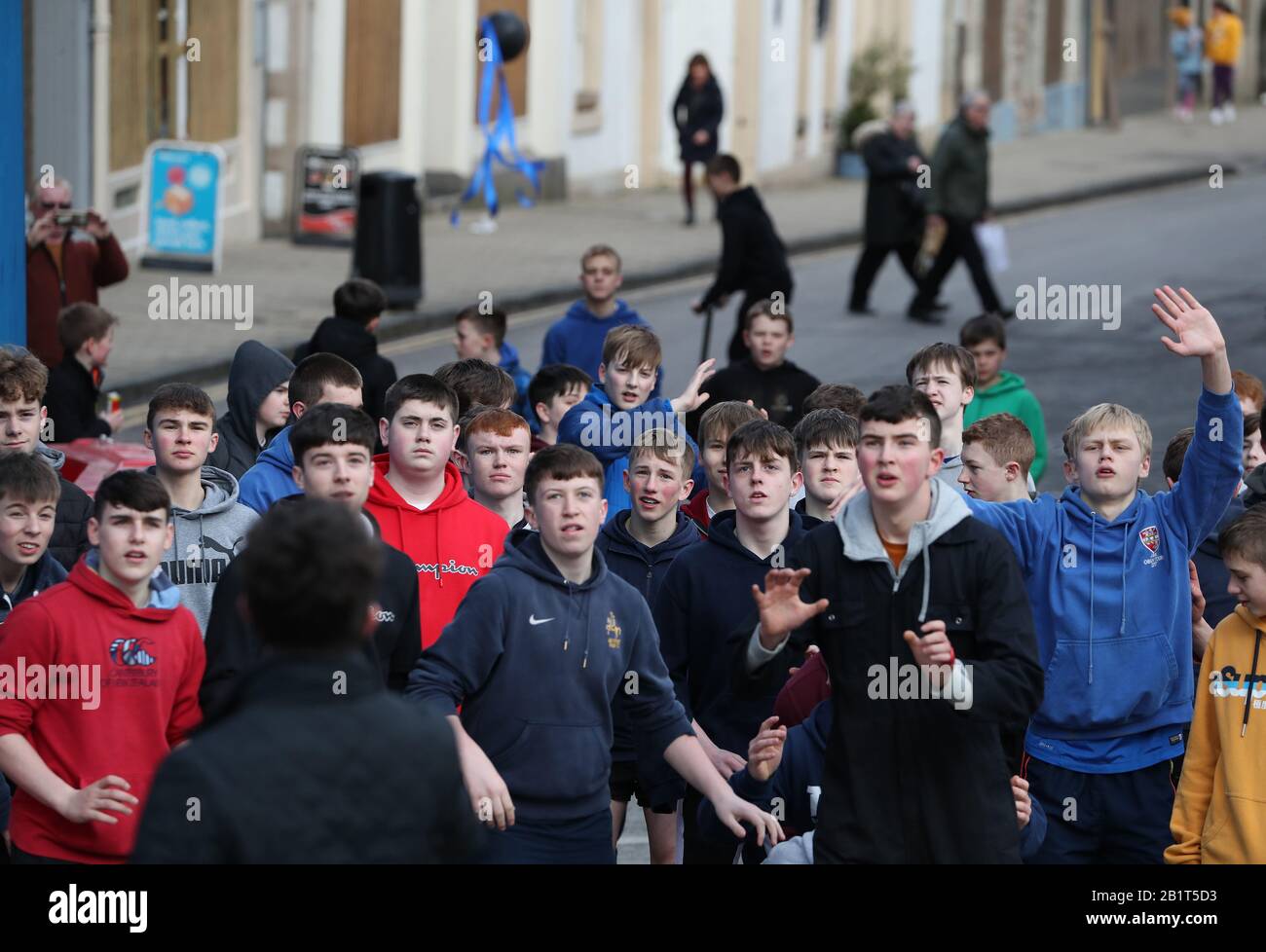 Boys tussle for the leather ball during the annual Jedburgh ba' game ...