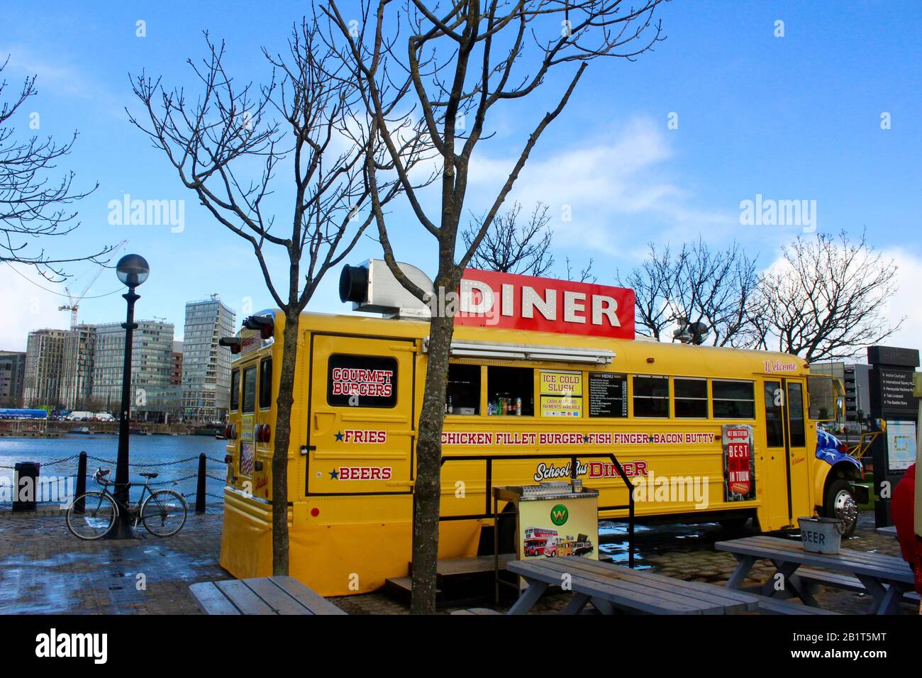 yellow american school bus used as diner in liverpool royal albert dock ...