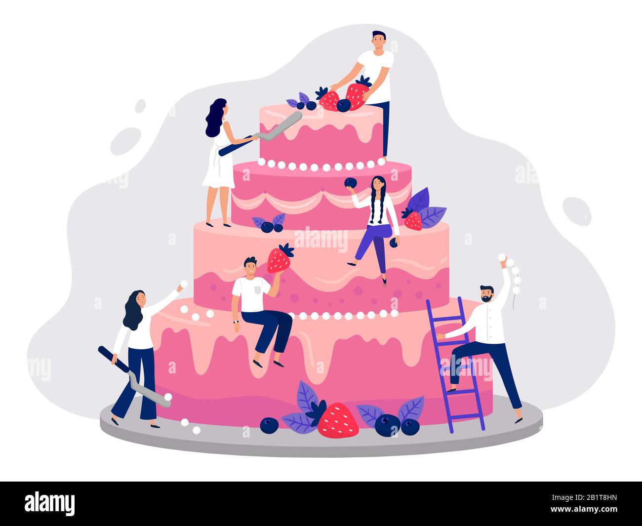 Wedding cake. Bakers decorate pink wedding cake, people cooking ...