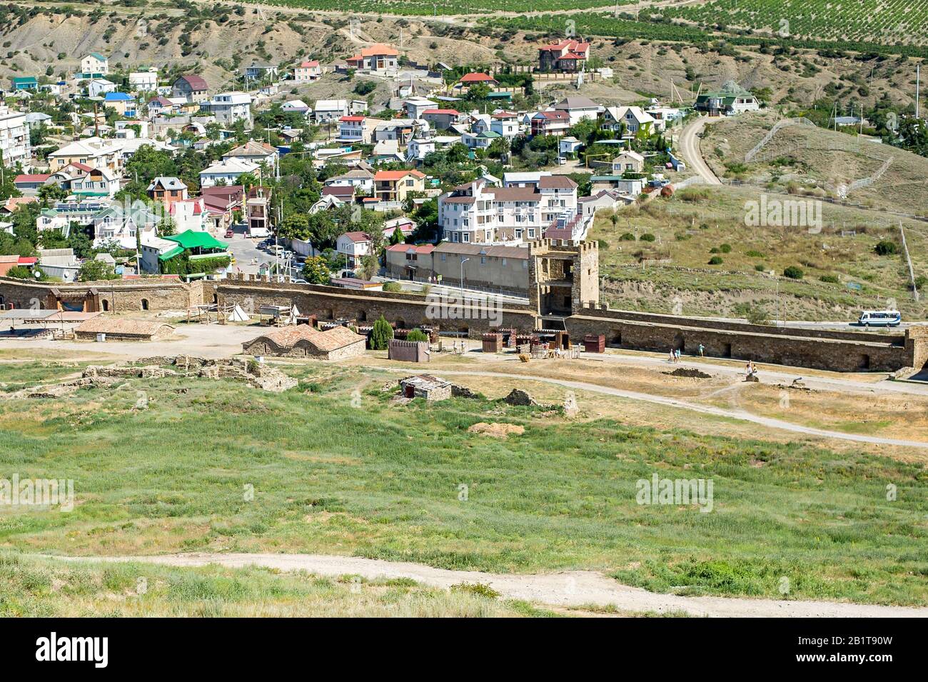 Walls and towers of an ancient Genoese fortress in the city of Sudak ...