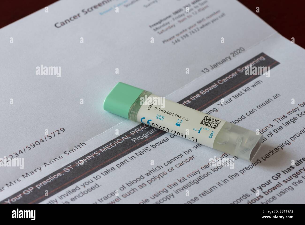 Screening letter and kit for bowel cancer cancerous or precancerous ...