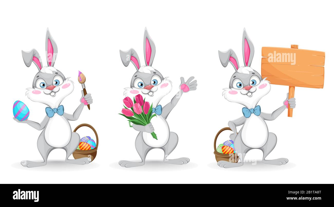 Happy Easter. Funny cartoon rabbit, set of three poses. Stock vector ...