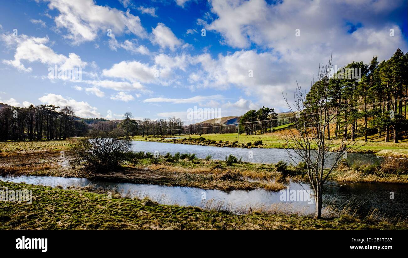 The River Tweed in flood in the Scottish Borders near Peebles, Scotland ...