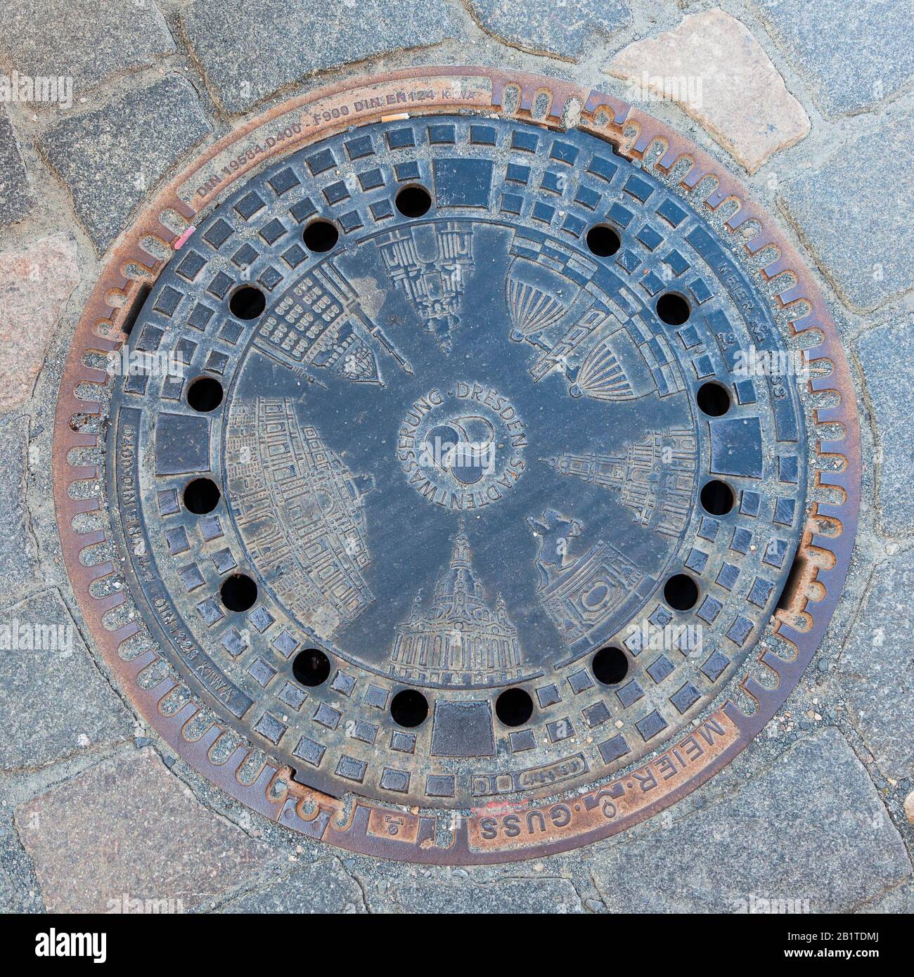 Manhole cover with sights of the city of dresden hi-res stock ...
