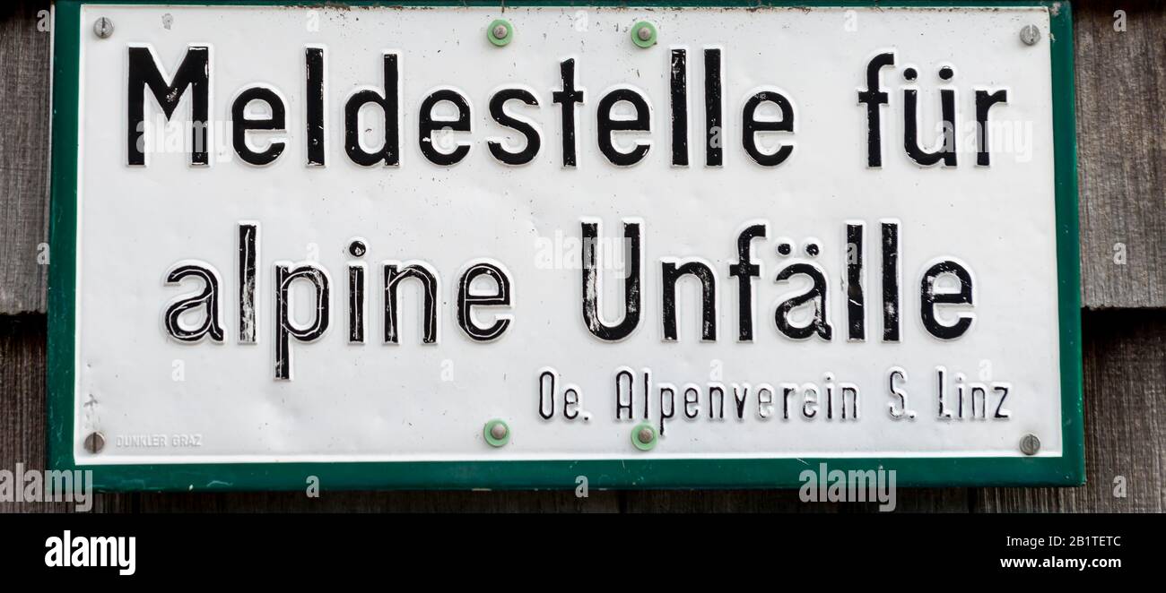 Reporting point for Alpine accidents, sign at the Hofpuerglhuette ...