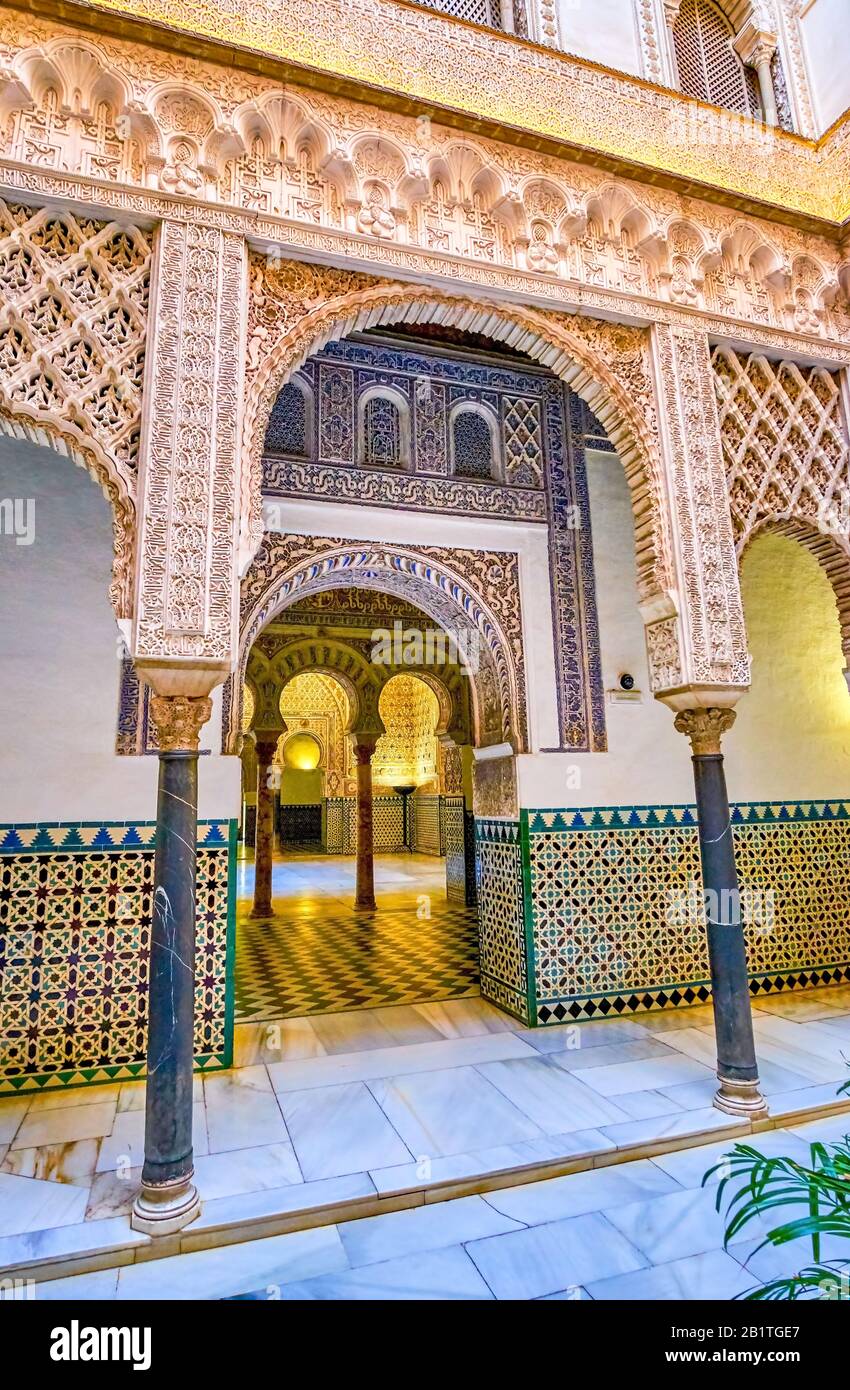 SEVILLE, SPAIN - OCTOBER 1, 2019: The beautiful arched passes in King ...