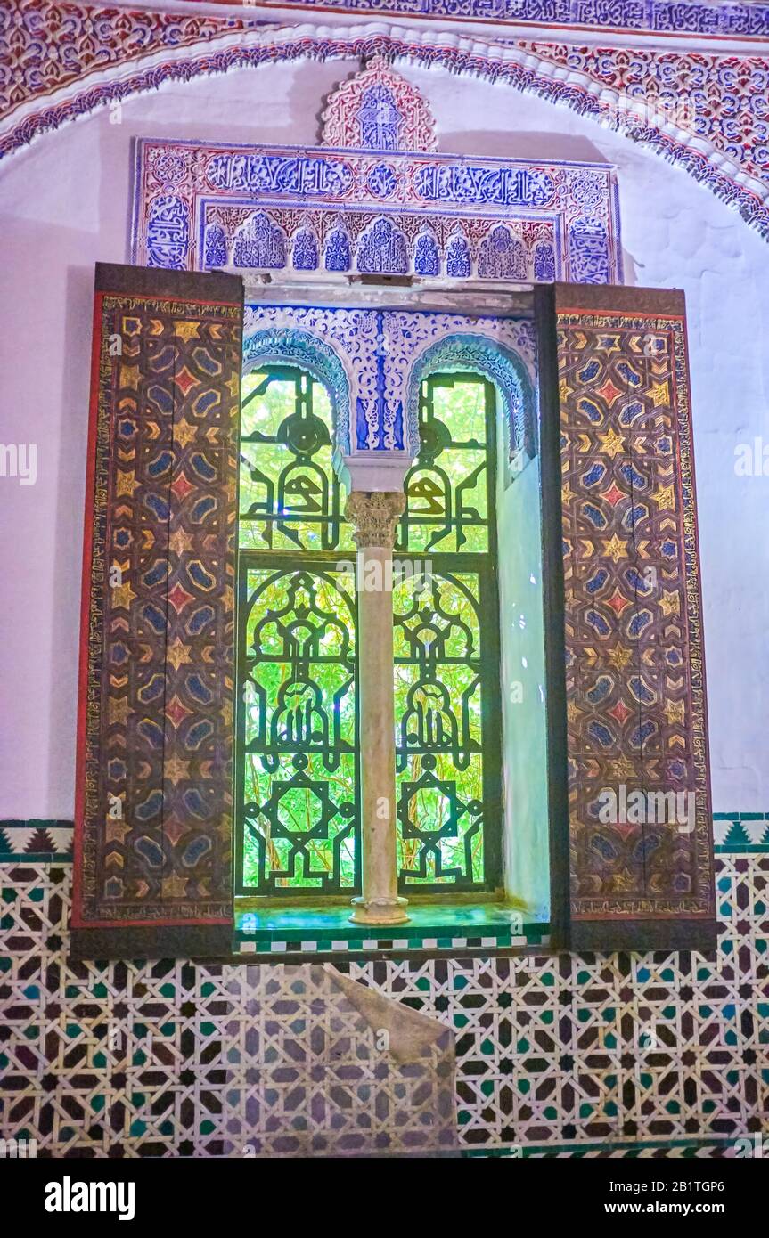 SEVILLE, SPAIN - OCTOBER 1, 2019: The beautiful laced-like stone window ...