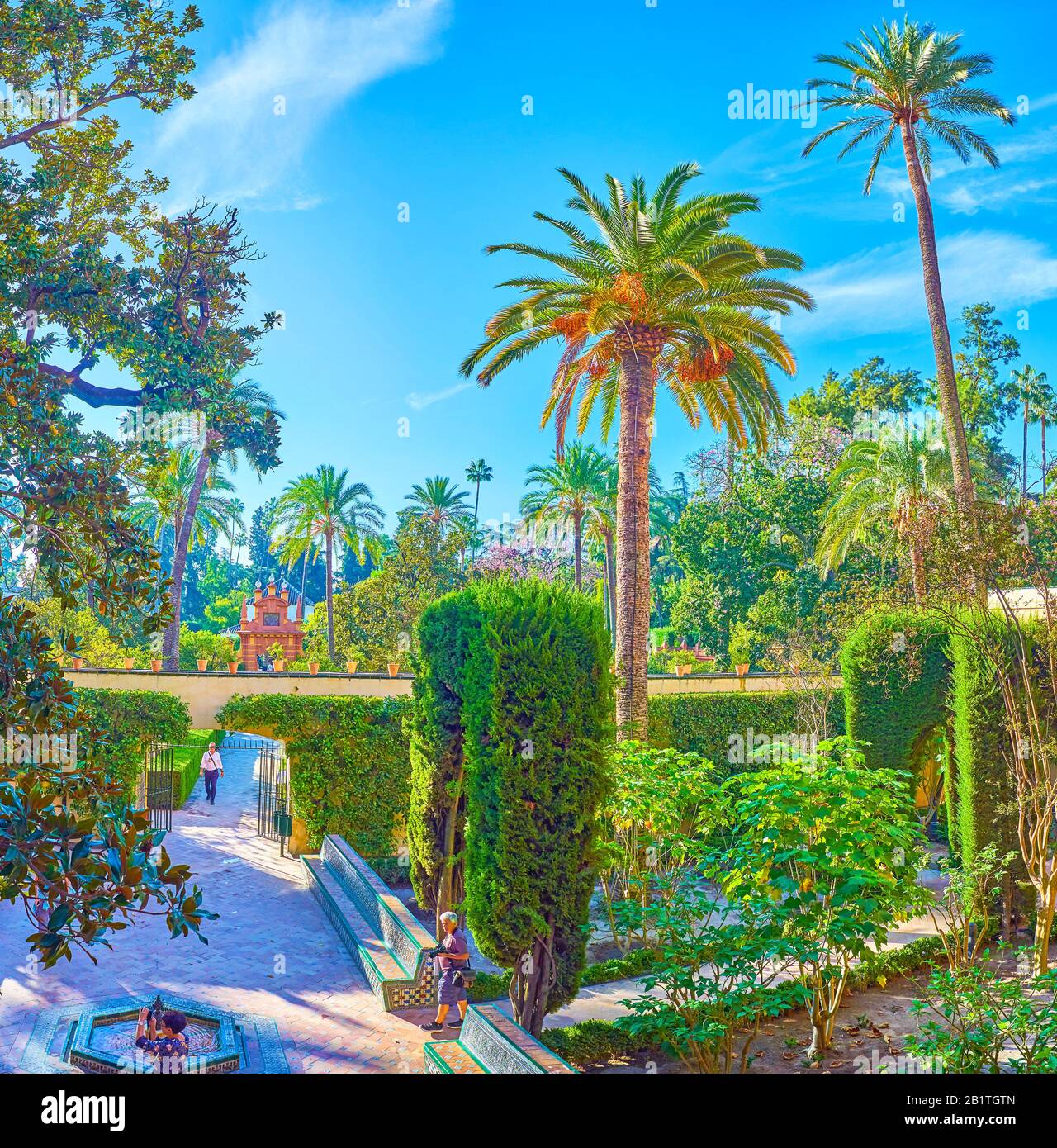 SEVILLE, SPAIN - OCTOBER 1, 2019: The amazing Royal Alcazar Gardens are ...