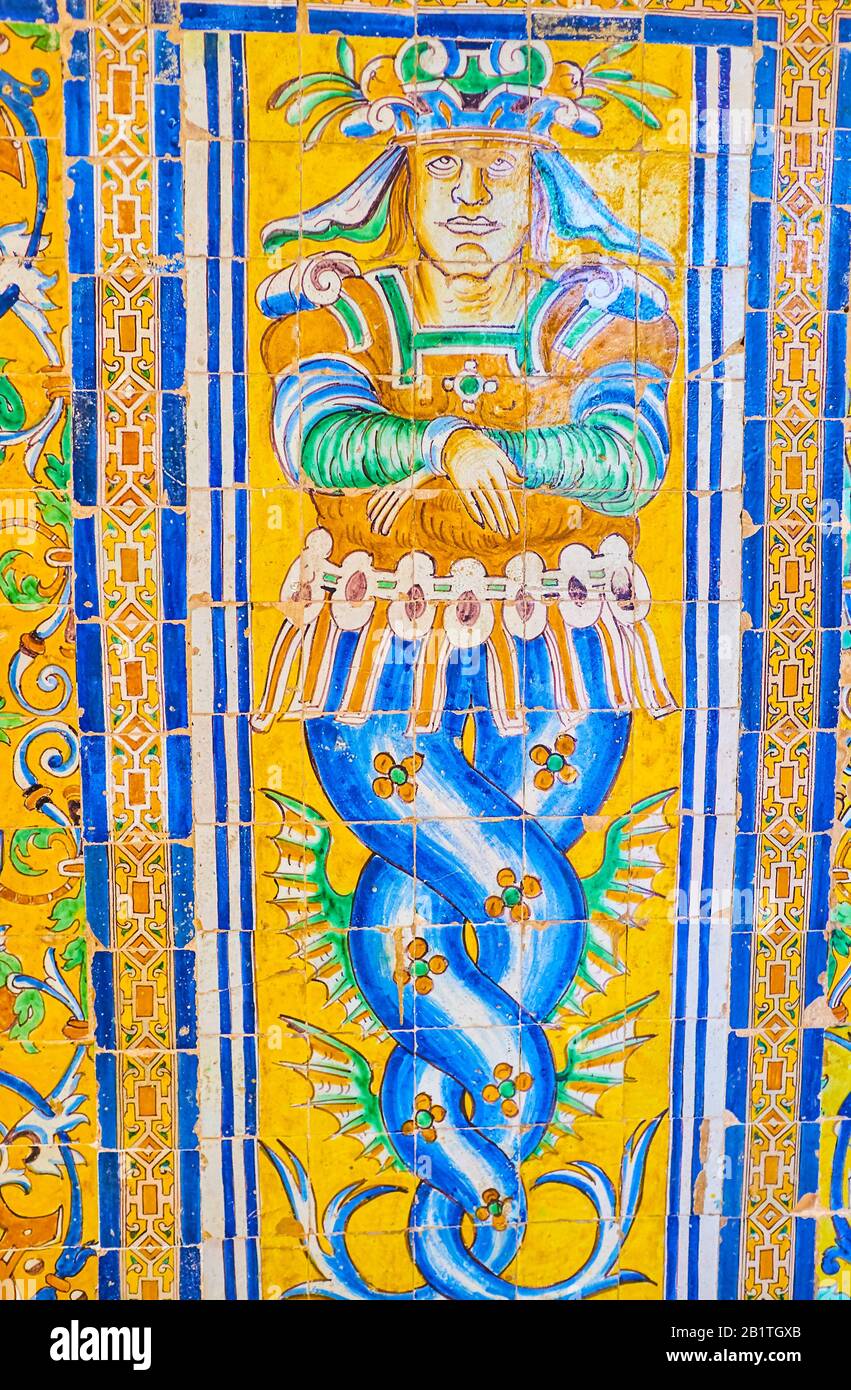 The Andalusian style tiled panel in Alcazar Palace with picture of ...