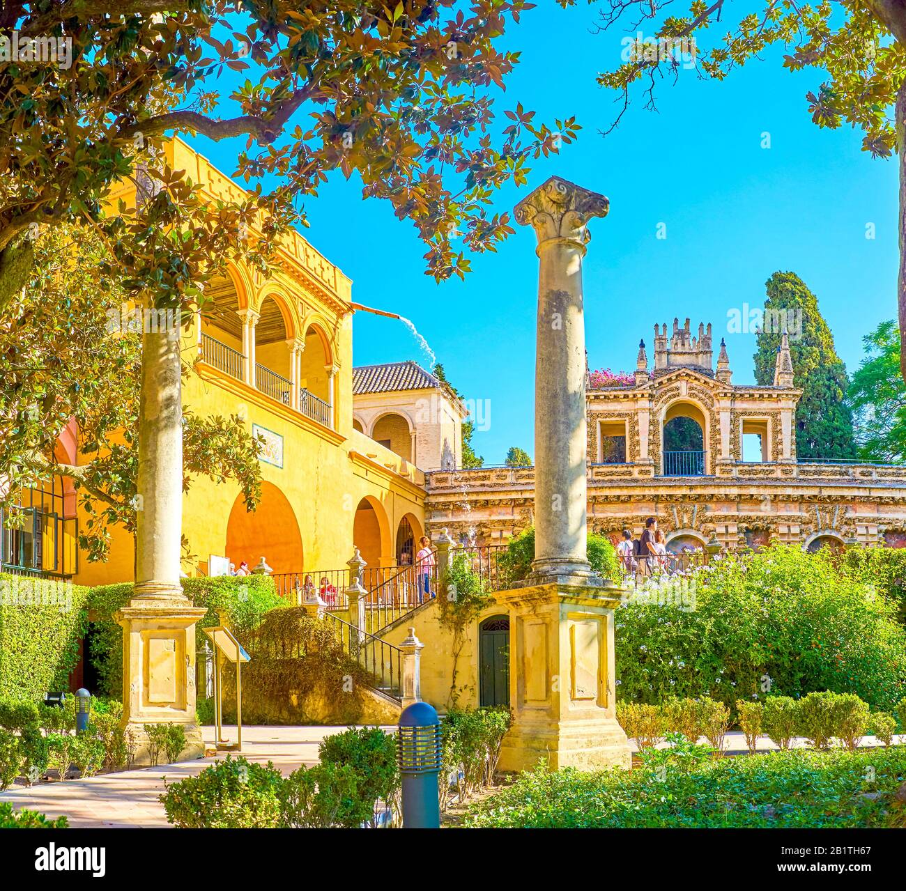 SEVILLE, SPAIN - OCTOBER 1, 2019: The ancient columns in Jardin de la ...