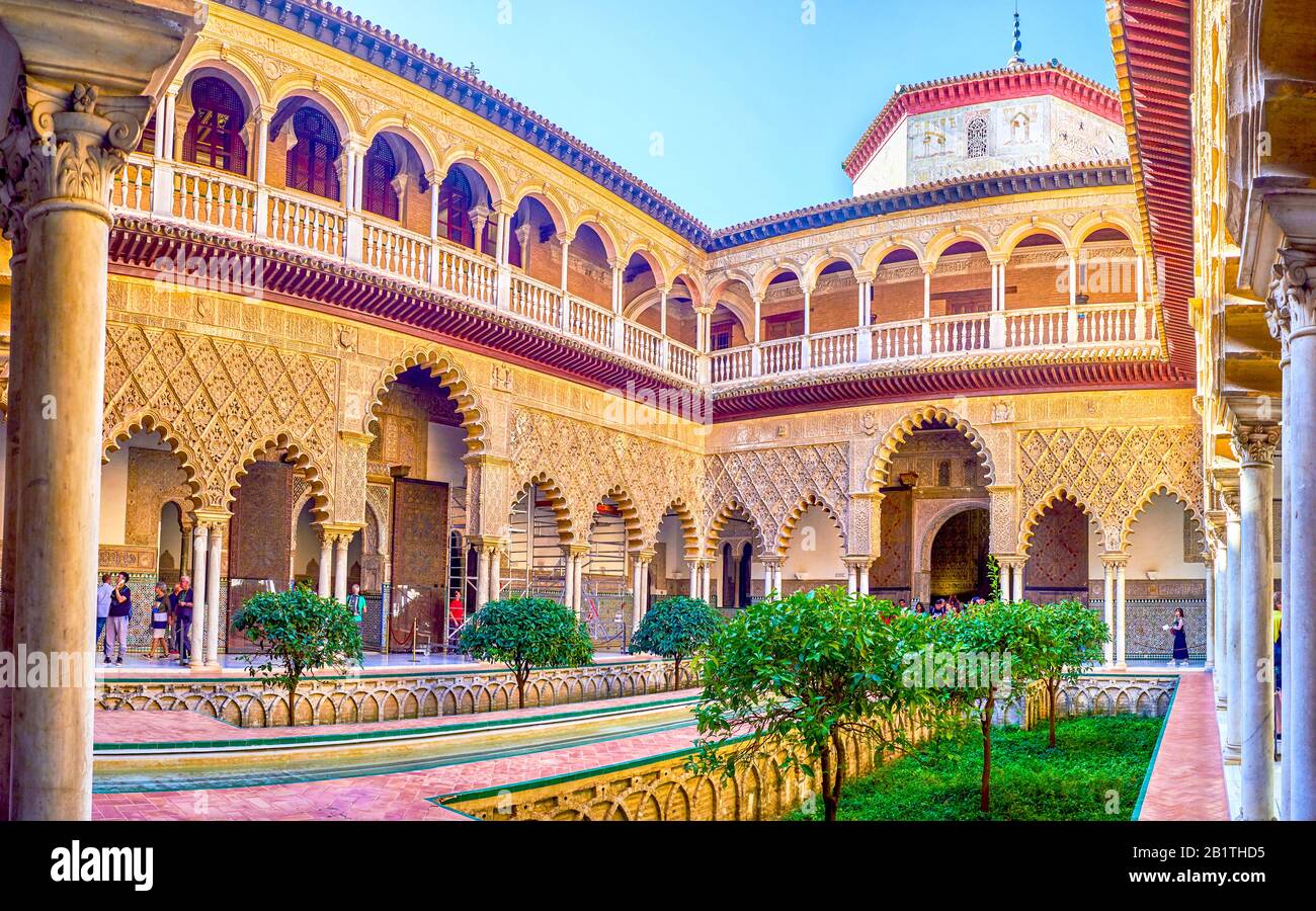 SEVILLE, SPAIN - OCTOBER 1, 2019: Patio de las Doncellas in Alcazar ...
