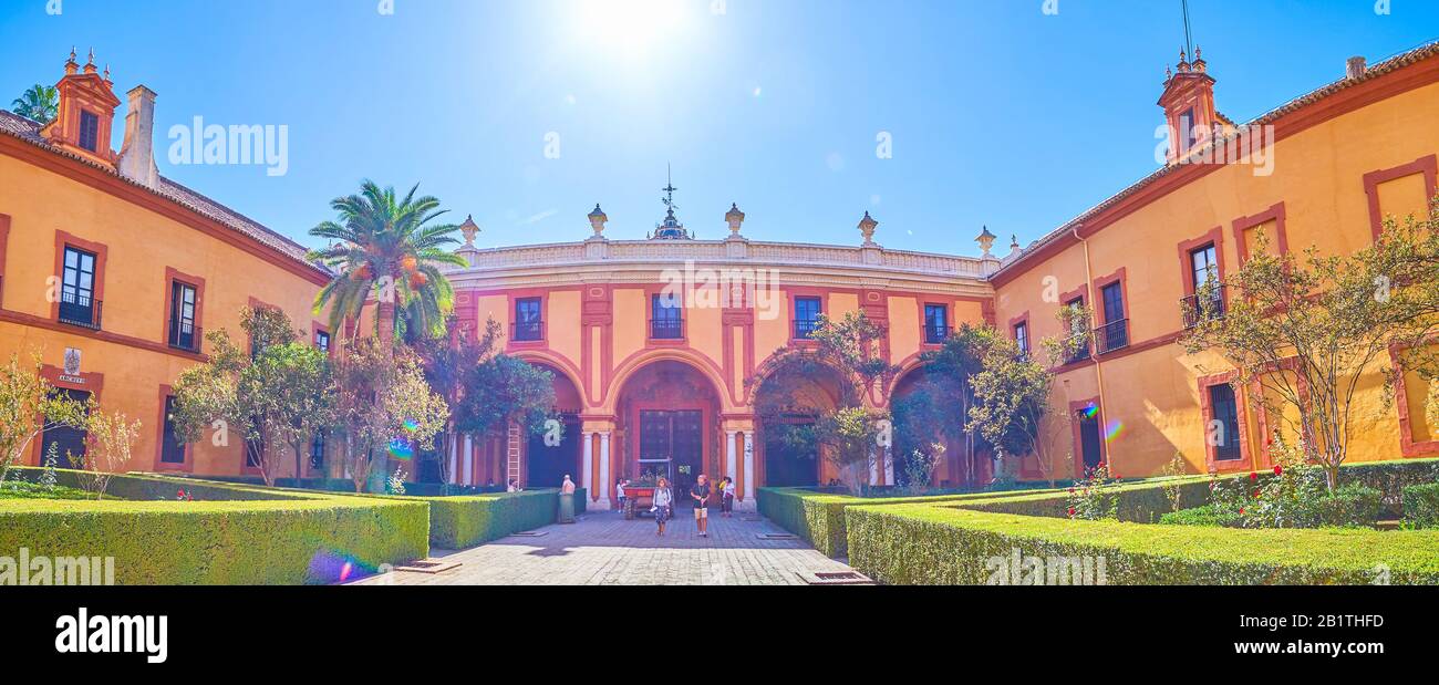 SEVILLE, SPAIN - OCTOBER 1, 2019: The view on beautiful Palacio Gotico ...
