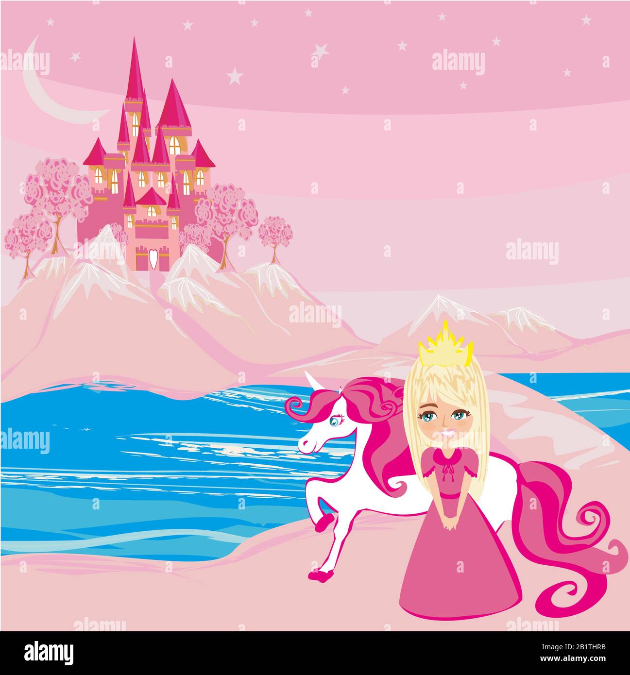 sweet princess and her unicorn in a magical land Stock Photo - Alamy
