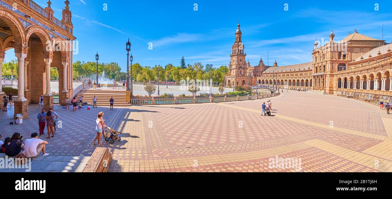 SEVILLE, SPAIN - OCTOBER 1, 2019: THe large open air Plaza de Espana ...