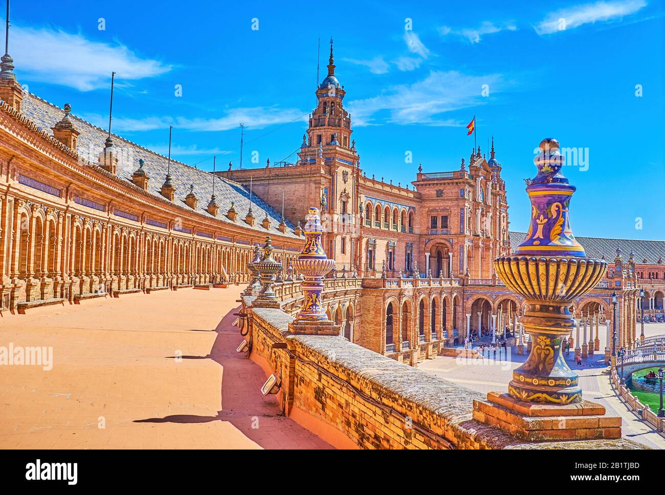 The scenic ceramic decorations on the upper balcony of the gallery on ...