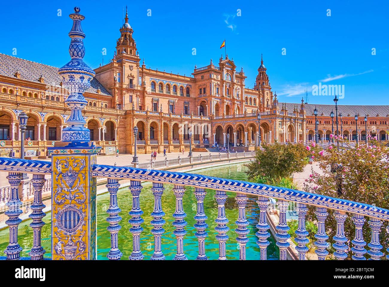 SEVILLE, SPAIN - OCTOBER 1, 2019: The pleasant walk on Plaza de Espana ...