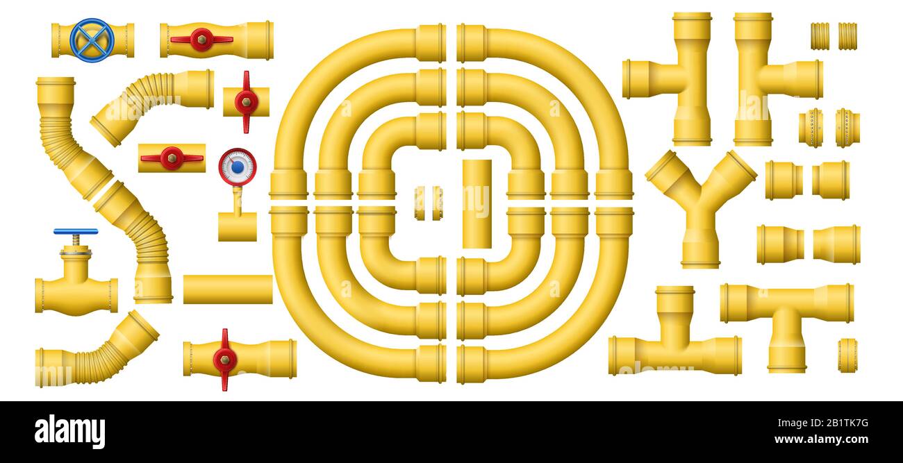 Yellow gas pipeline pipes. Metal pipe section, pipelines construction ...