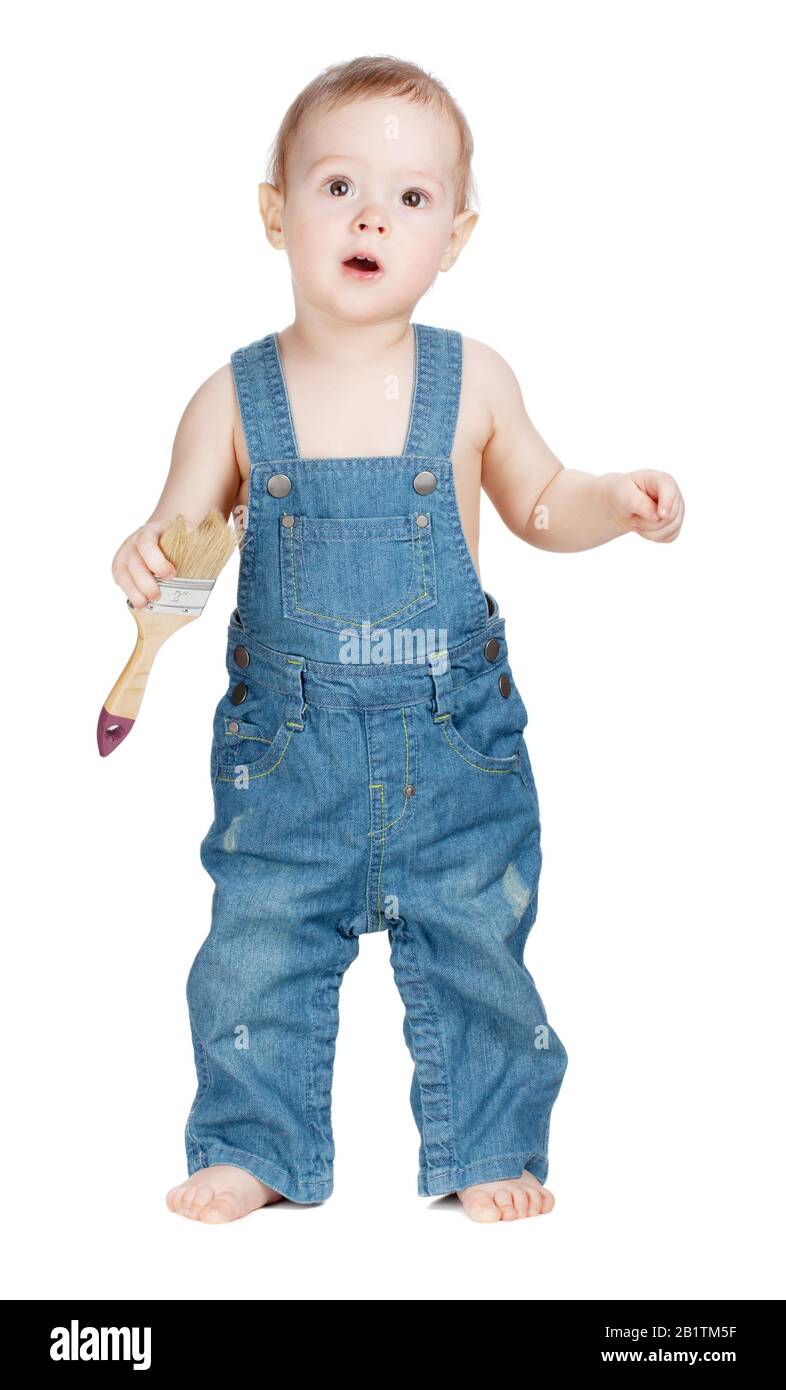 Small baby worker with paint brush. Isolated on white Stock Photo - Alamy