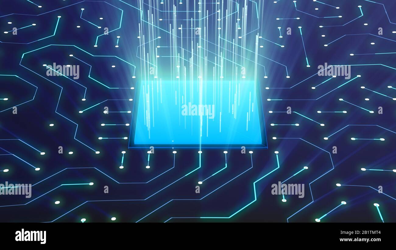 Optical art 3d illustration of a square light blue cpu with beaming up ...
