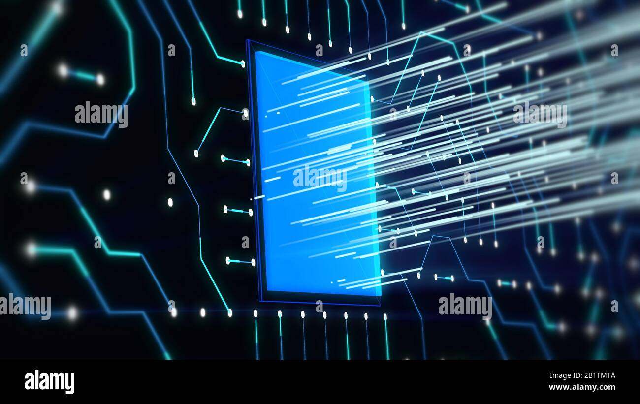 Wonderful 3d illustration of a square cpu with pulsing light blue rays ...