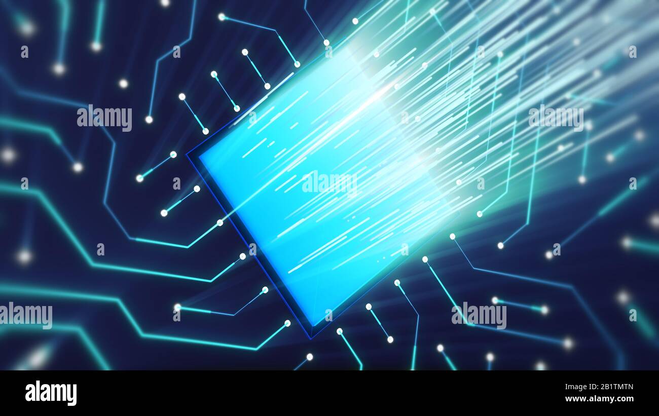 Optical art 3d illustration of a placed aside square blue microchip ...