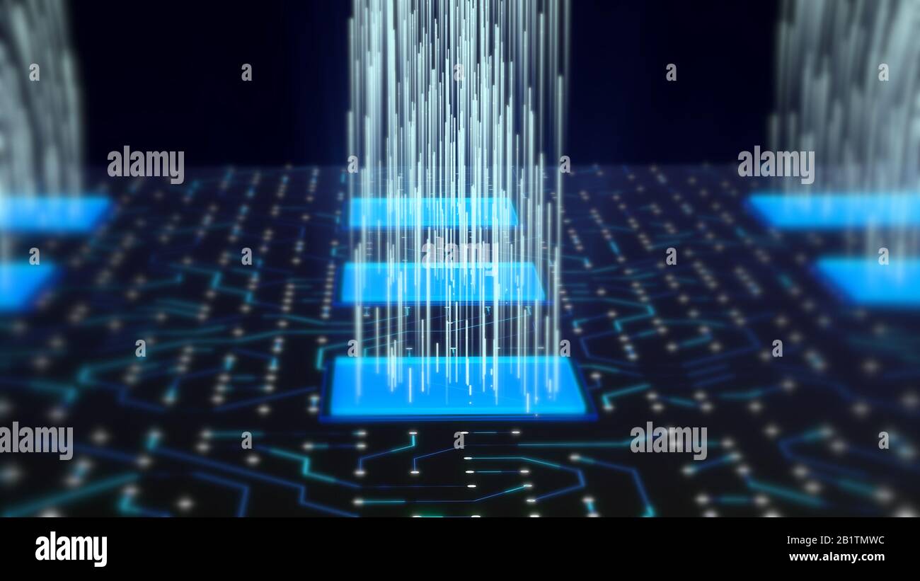 Stunning 3d rendering of three rows of square blue microchips with ...