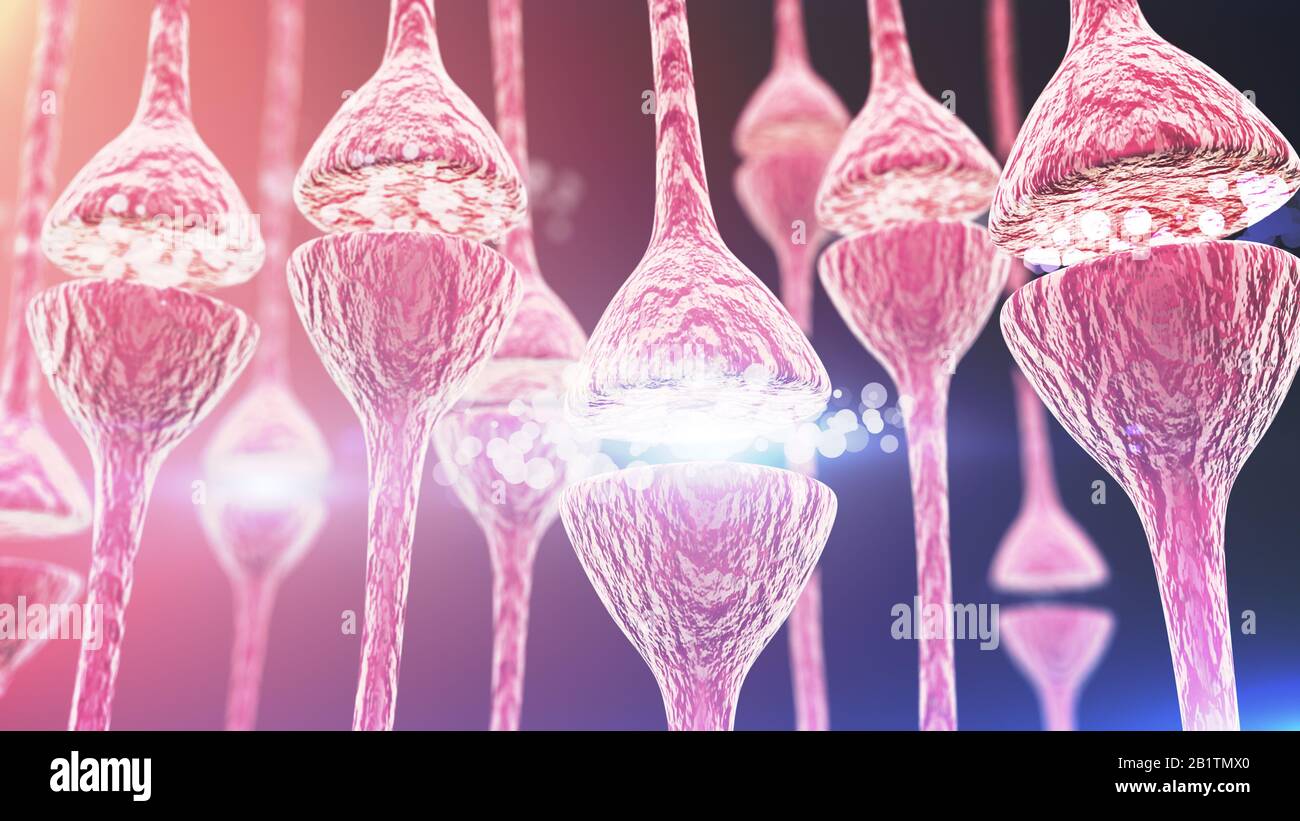 Unusual 3d illustration of rosy synapse and neurons connections looking ...