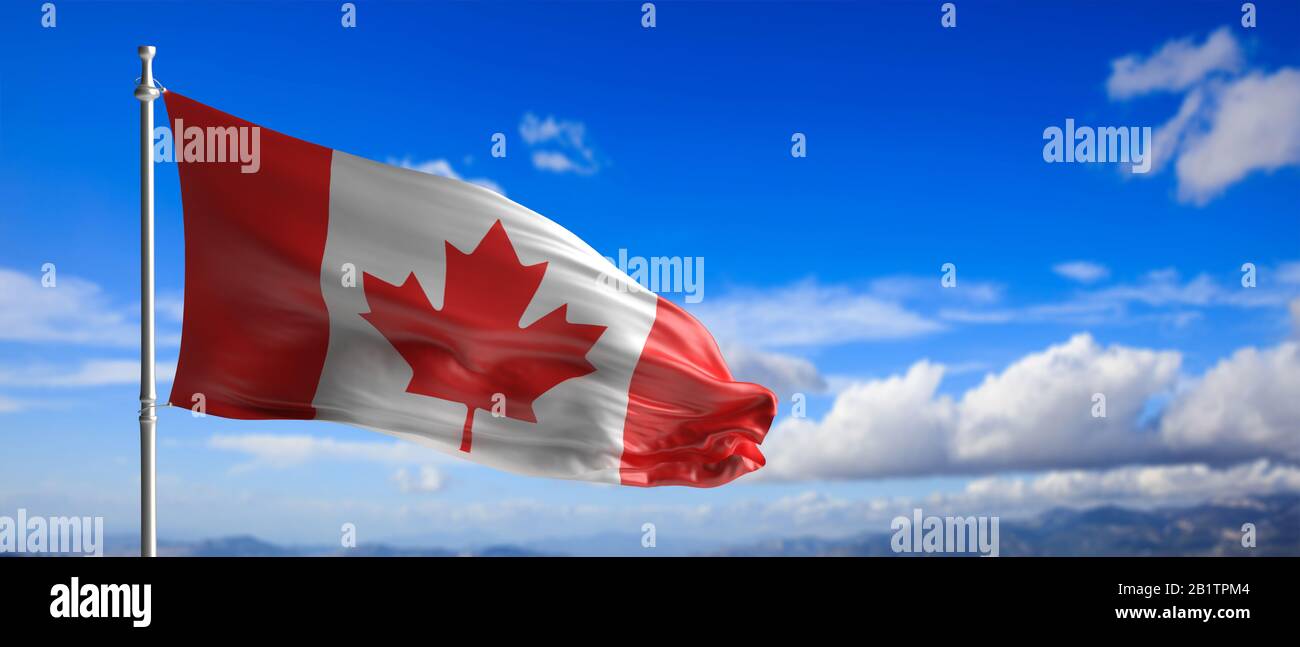 Canada sign, symbol. Canadian national flag waving on a pole, blue sky ...