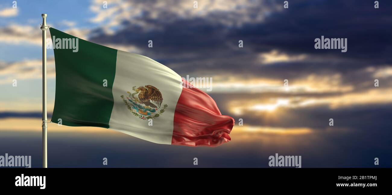 Mexico sign, symbol. Mexican national flag waving on a pole, blue sky ...