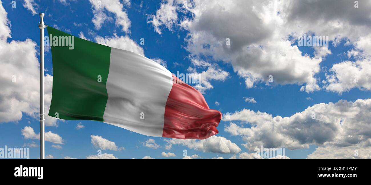 Italy sign, symbol. Italian national flag waving on a pole, blue sky ...