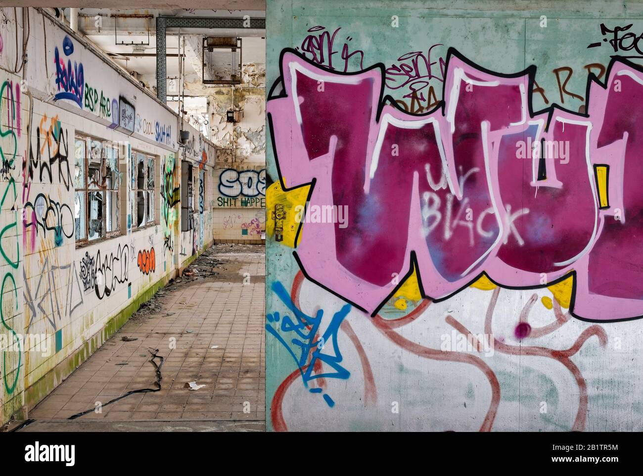 Neglected buildings, isolated, urban art, with spray painted graffiti ...