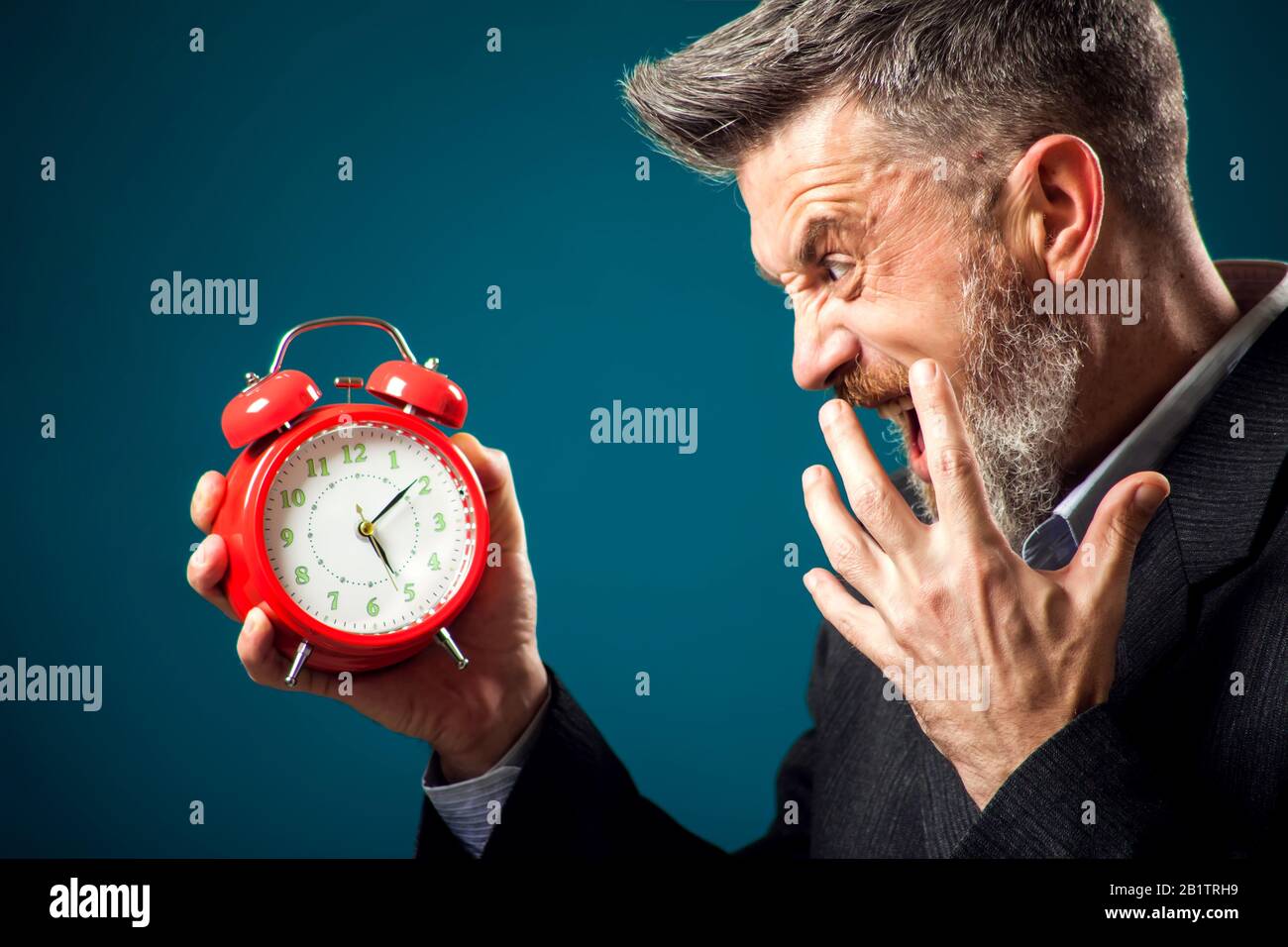 Angry bearded businessman in suit holding red alarm clock and shouting ...