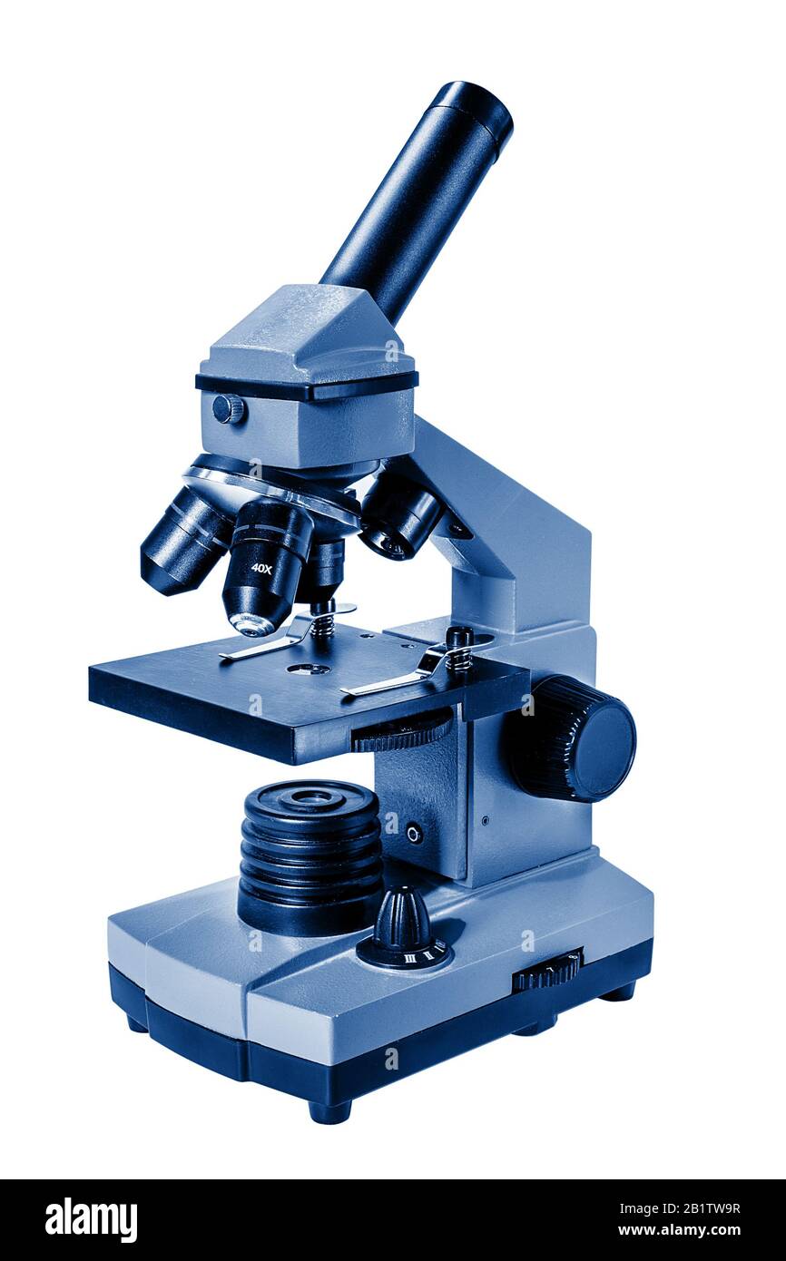 Blue microscope on a white background. microscope toned in trendy ...
