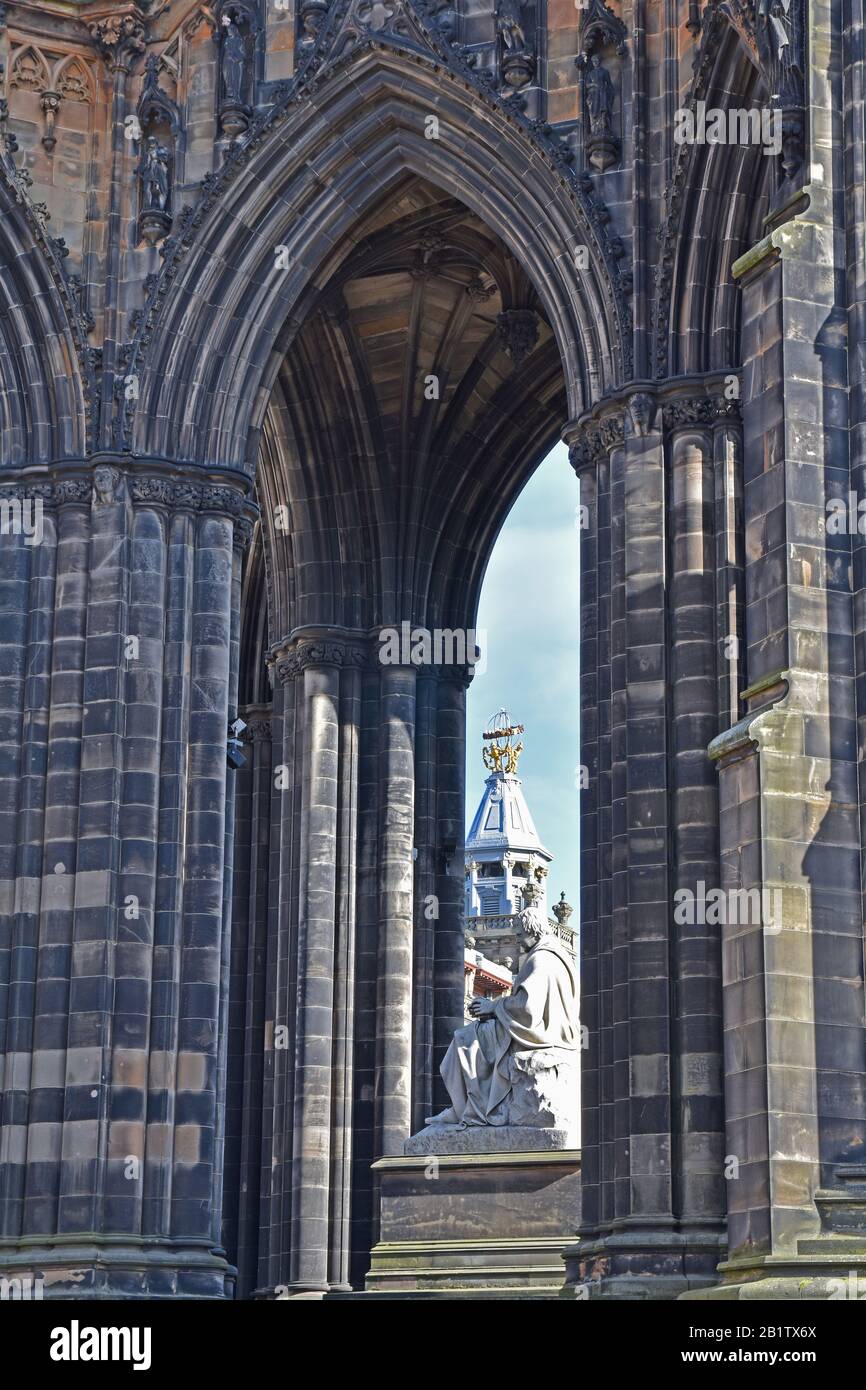 Scott Monument in Edinburgh with view through gothic arch to marble ...