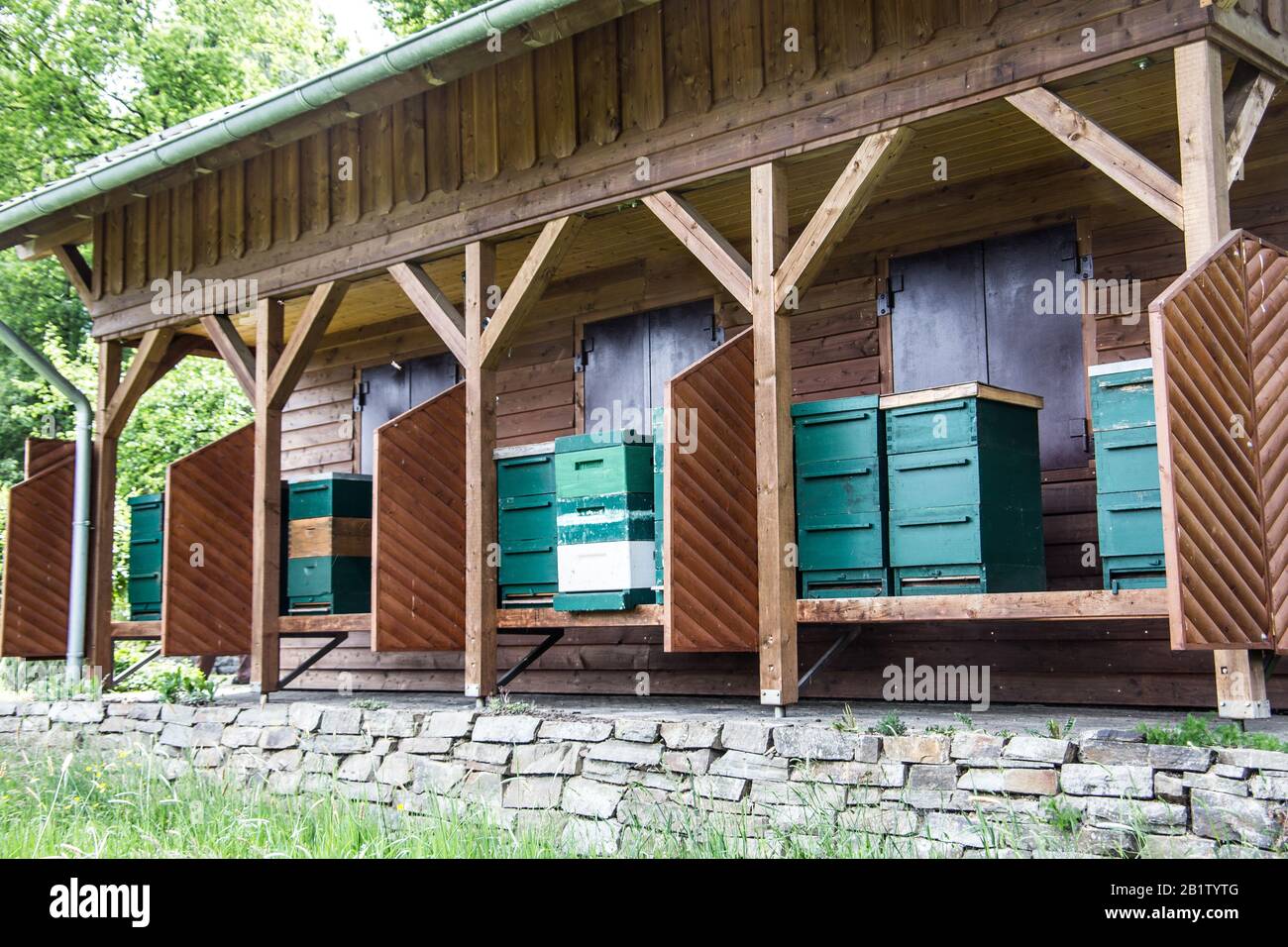 colorful wooden beehives in apiary Stock Photo - Alamy